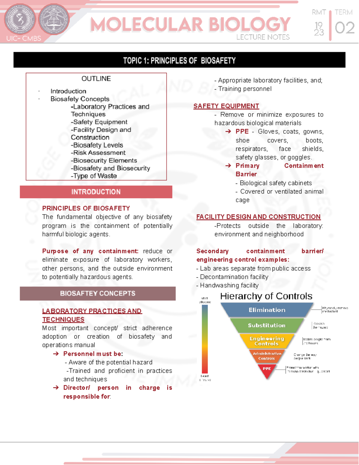 Molecular- Biology prelim - PRINCIPLES OF BIOSAFETY The fundamental ...