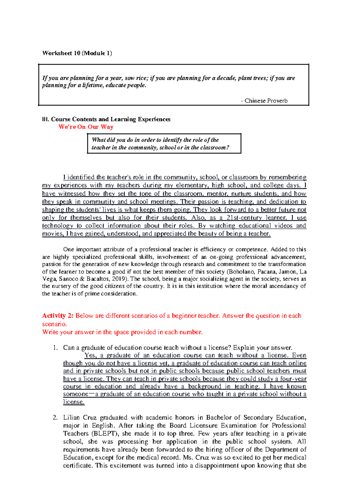 Worksheet 10 (Module 1) - Worksheet 10 (Module 1) If you are planning ...