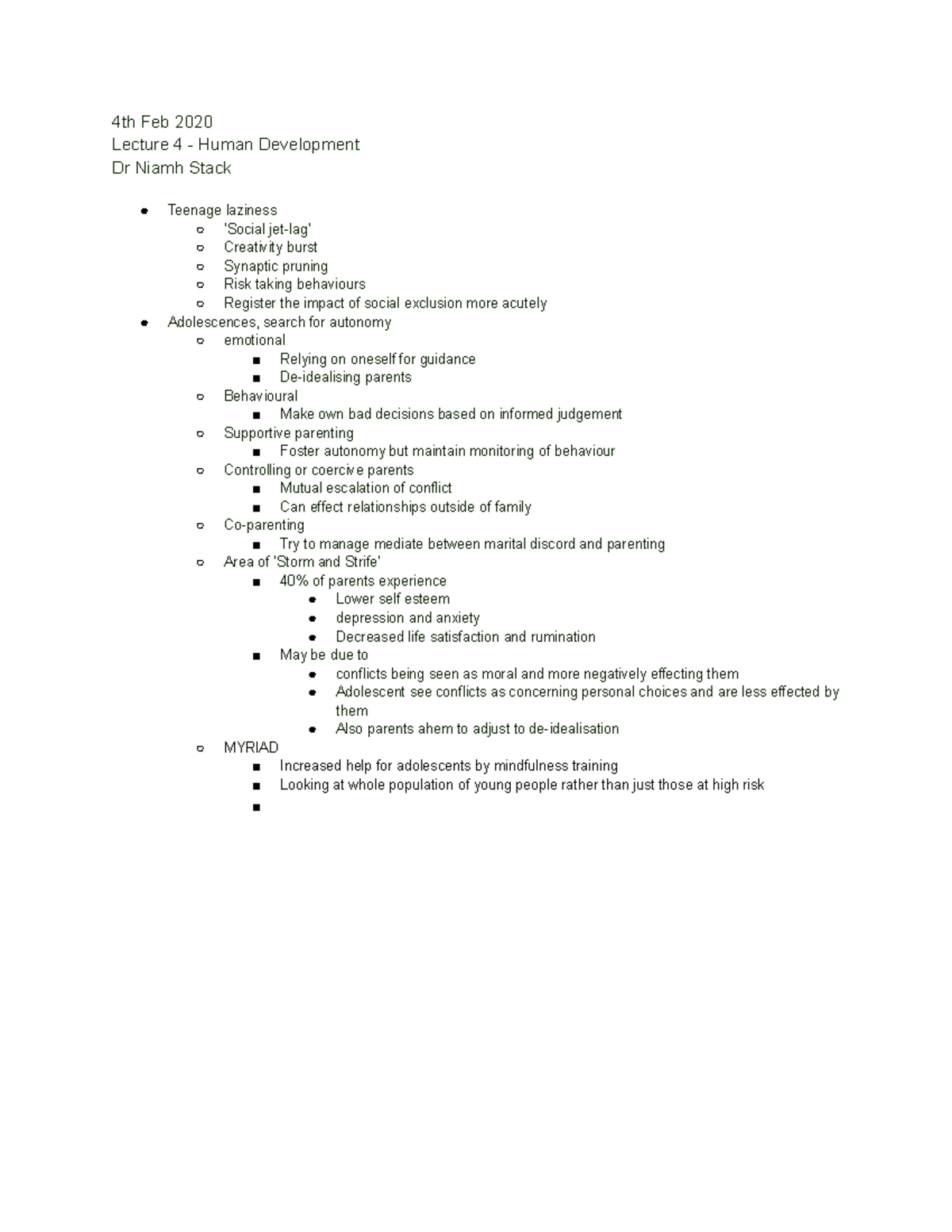Human Development Lecture 4 - 3rd Feb 2020 - 4th Feb 2020 Lecture 4 ...