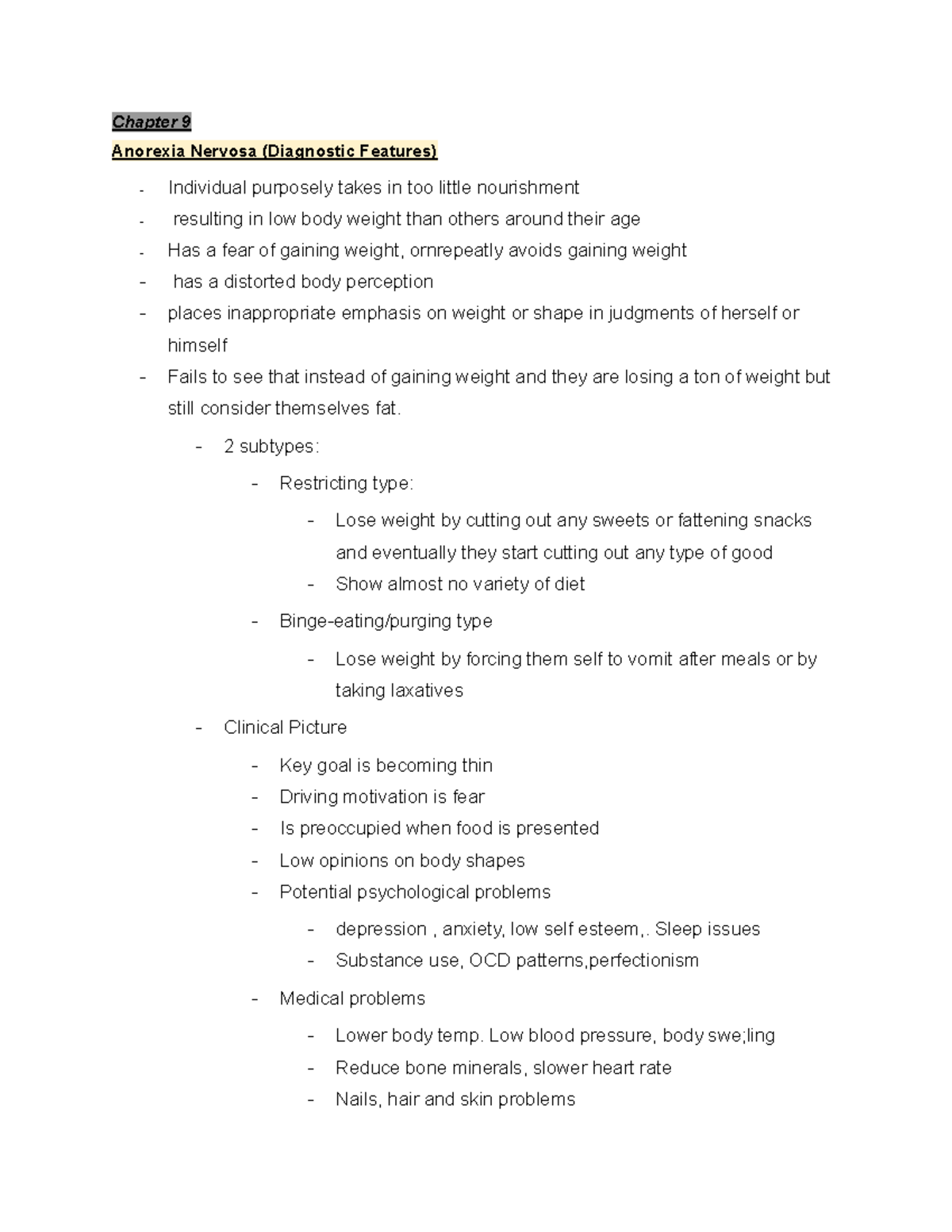 TEST Reveiw 3 - Guide - Chapter 9 Anorexia Nervosa (Diagnostic Features ...