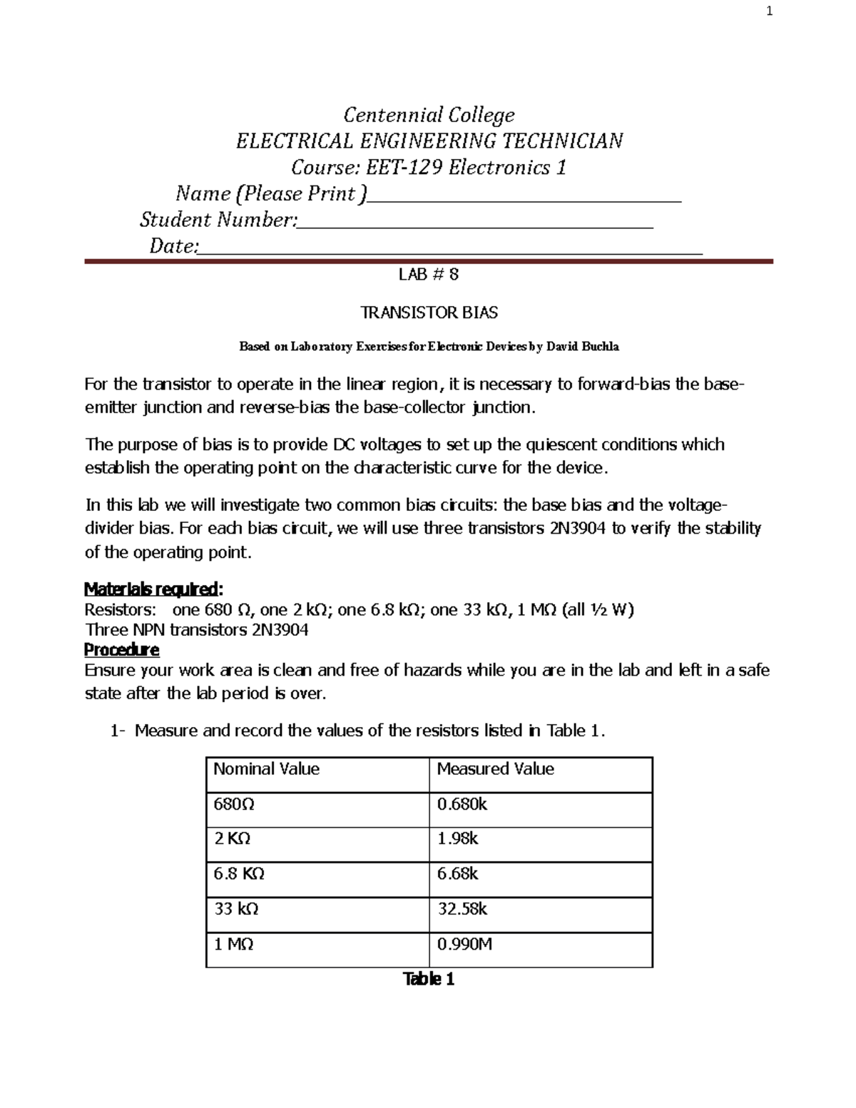 EET-129 LAB 8 Transistor BIAS 23 DNE - Centennial College ELECTRICAL ENGINEERING TECHNICIAN ...