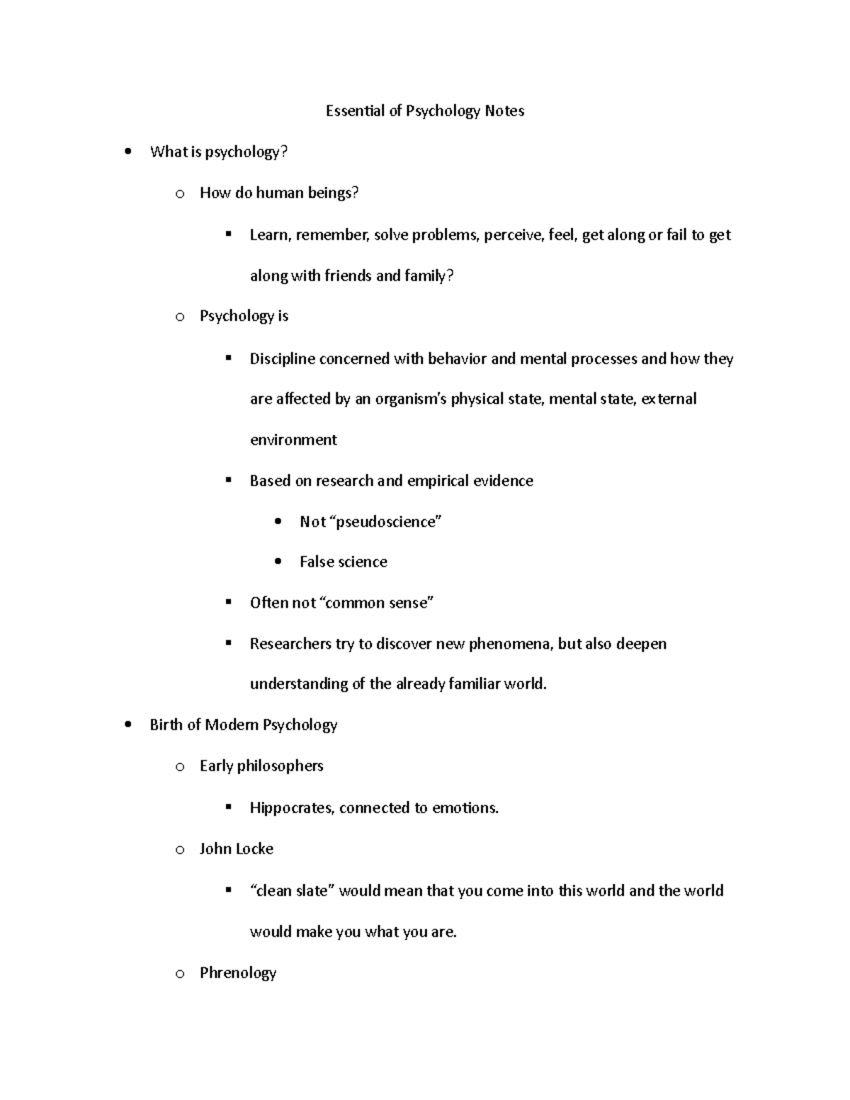 Essential of Psychology Notes - Birth of Modern Psychology o Early ...