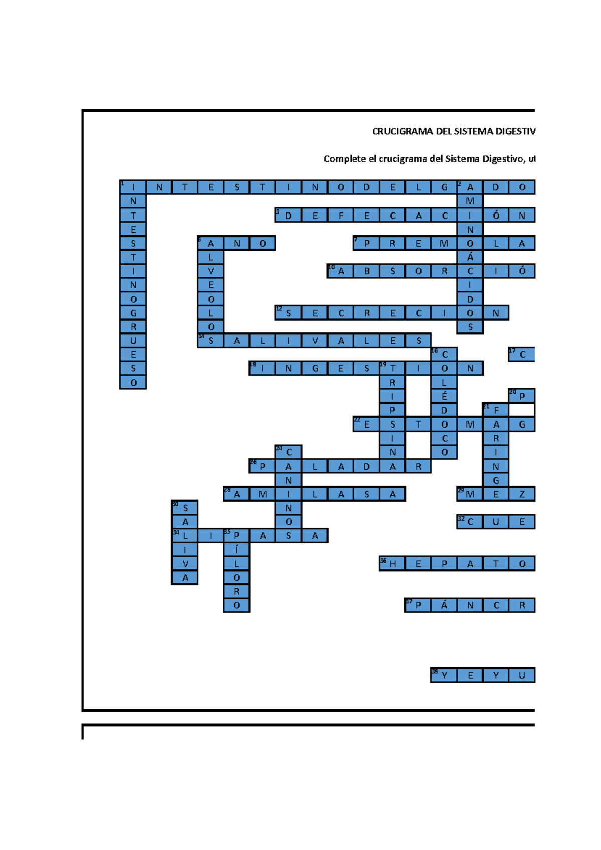 Tarea S02 - Crucigrama SIST. Digestivo - I N T E S T I N O D E L G A D O N M T D E F E C A C I Ó ...
