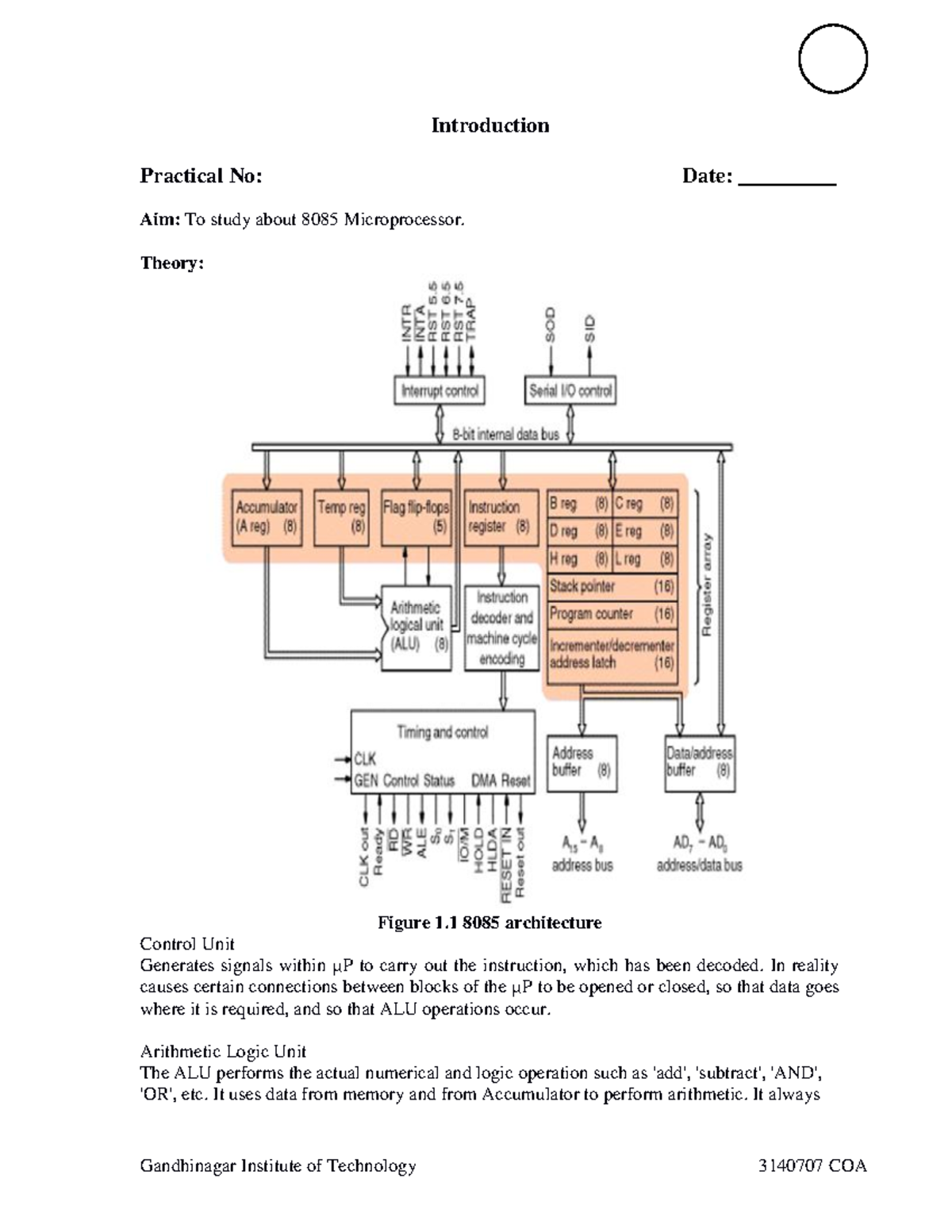 3140707 COA Lab Manual - Introduction Practical No: Date: _________ Aim: To study about 8085 ...