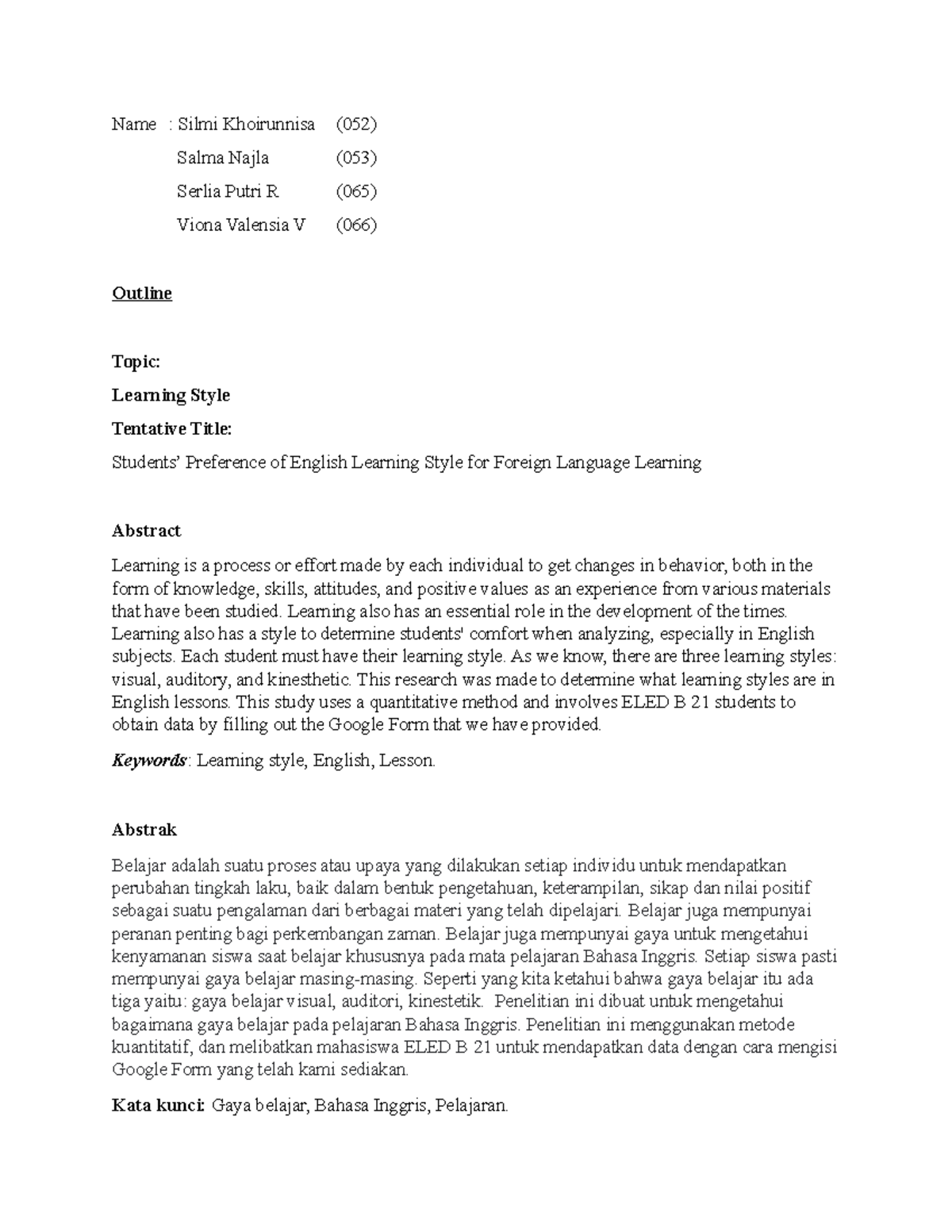 STUDENTS’ PREFERENCE OF ENGLISH LEARNING STYLE FOR FOREIGN LANGUAGE ...