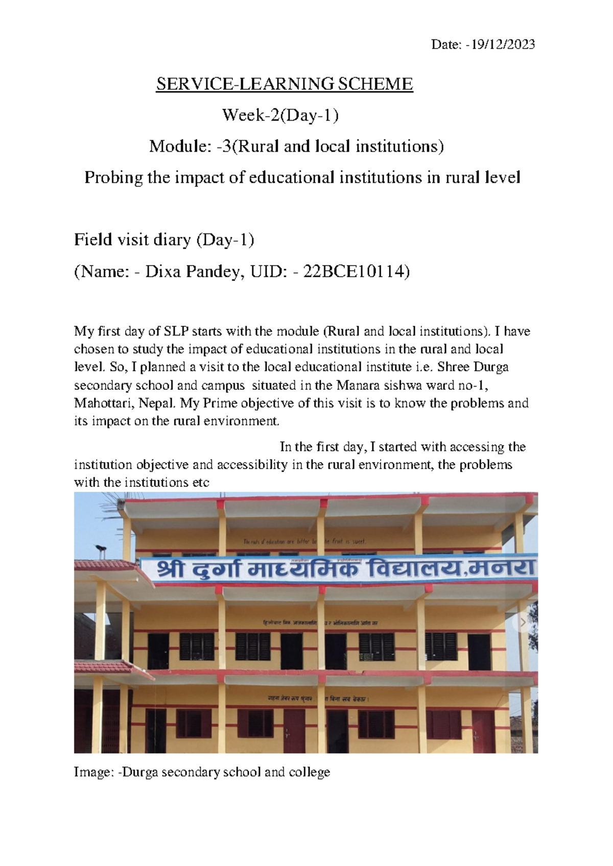 22BCE10114-week 2 daily report - SERVICE-LEARNING SCHEME Week- 2 (Day-1 ...