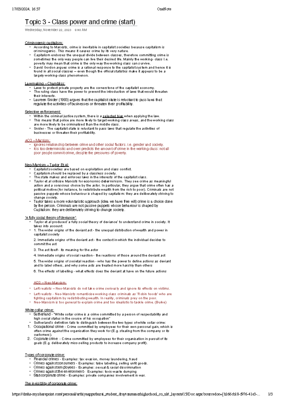 Sociology - crime and deviance notes - 17/03/2024, 16:37 OneNote - Studocu