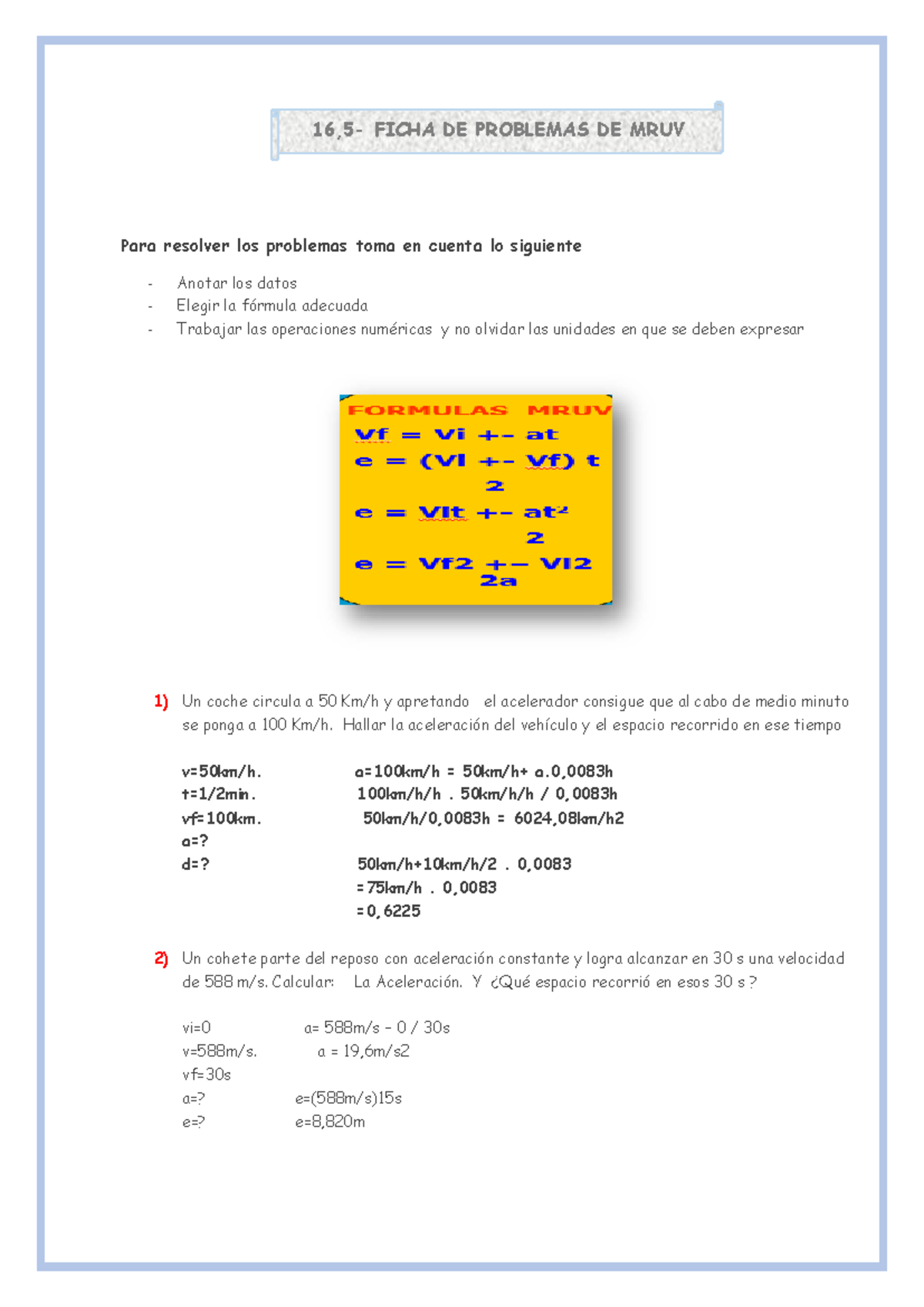 16,5- Ficha DE Problemas DE MRUV resuelto - Para resolver los problemas ...