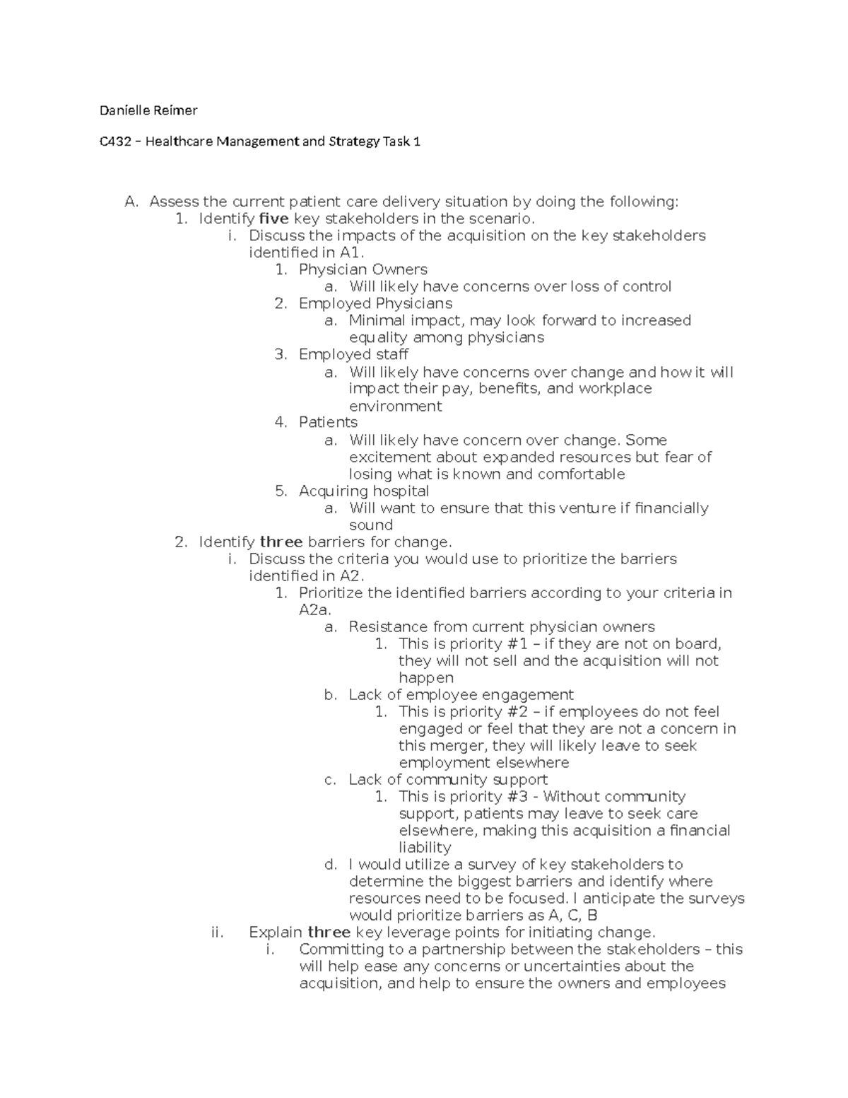D Reimer C432 task 1 - task 1 - Danielle Reimer C432 – Healthcare ...