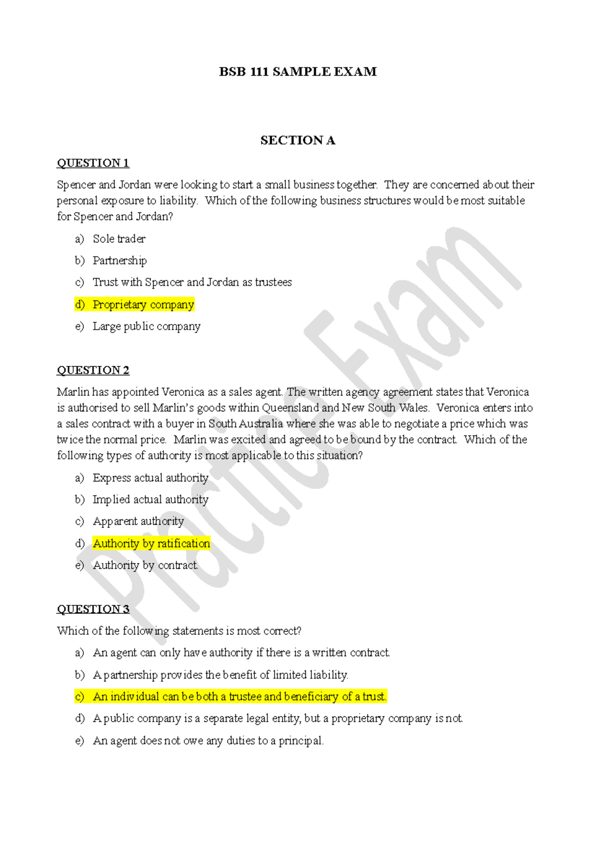 BSB111 Sample Exam Solutions - BSB 111 SAMPLE EXAM SECTION A QUESTION 1 ...
