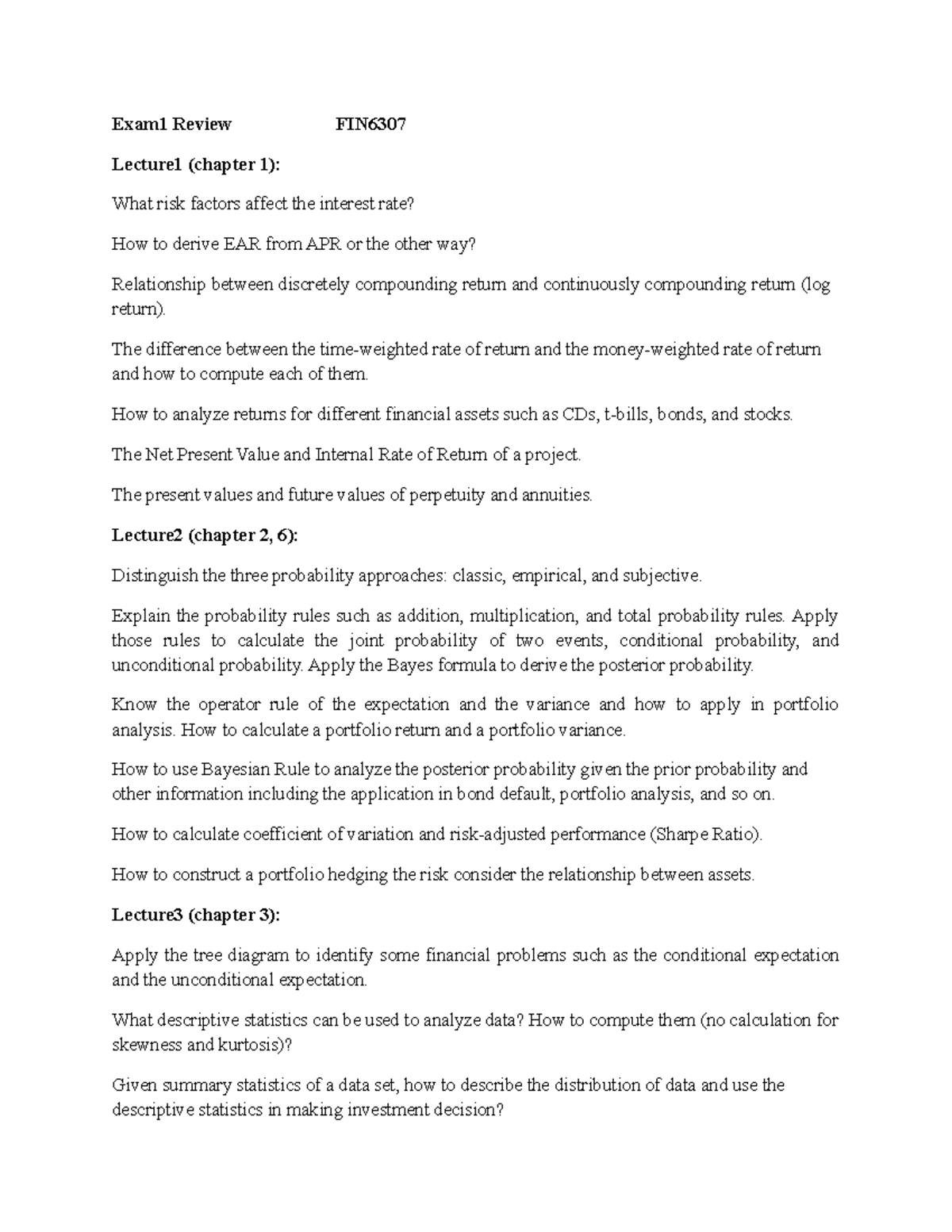 FIN 6307 Mid Sem Exam1 Review - Exam1 Review FIN Lecture1 (chapter 1): What risk factors affect ...