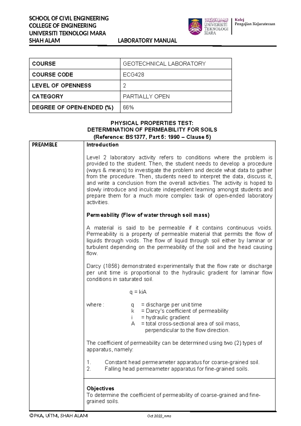 Lab 10 Permeability Level 2 Manual & Template - SCHOOL OF CIVIL ...