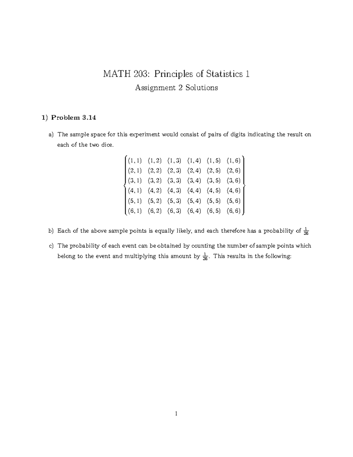 Assignment 2 Solutions - MATH 203: Principles of Statistics 1 ...