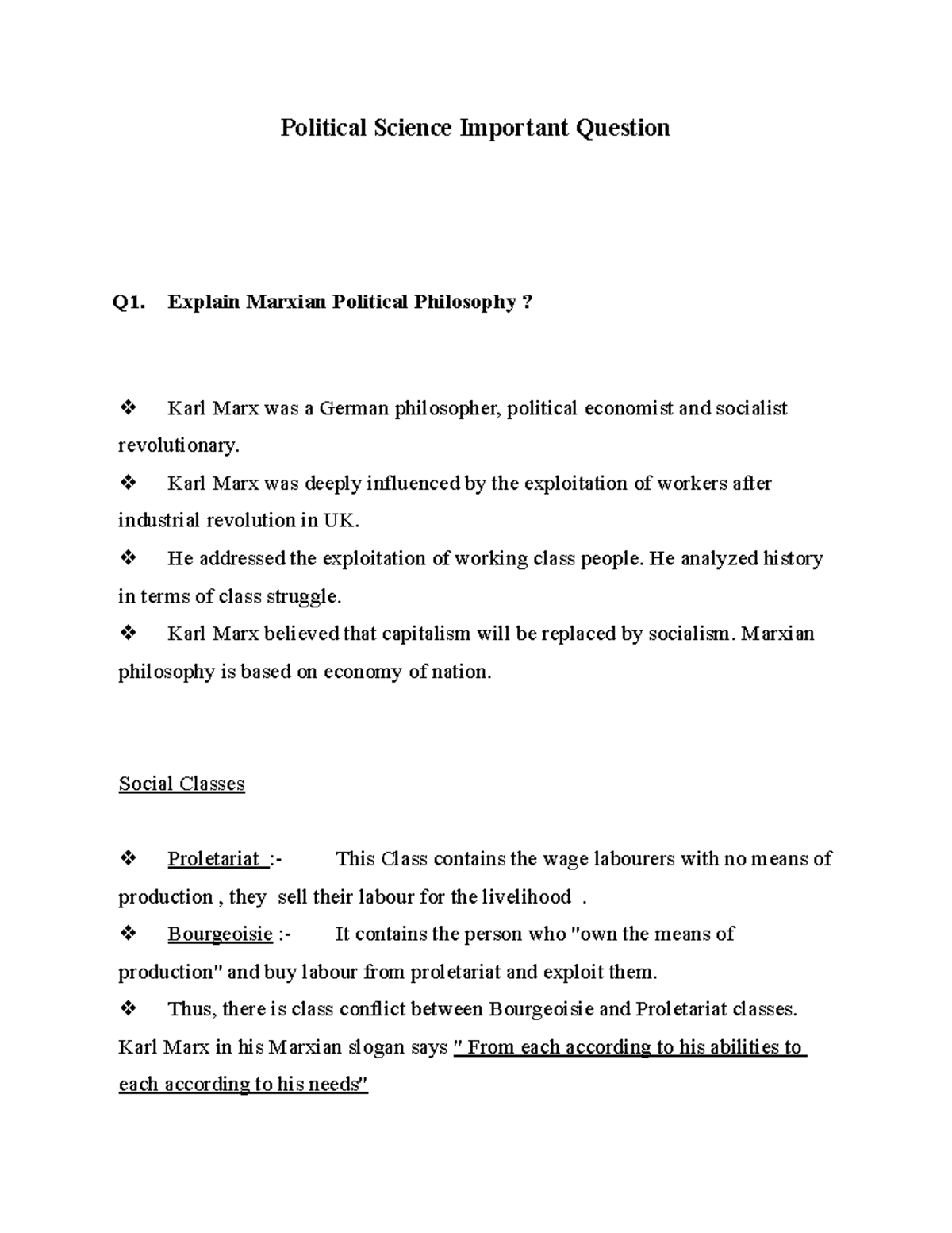 Political Science Important Question - Explain Marxian Political ...