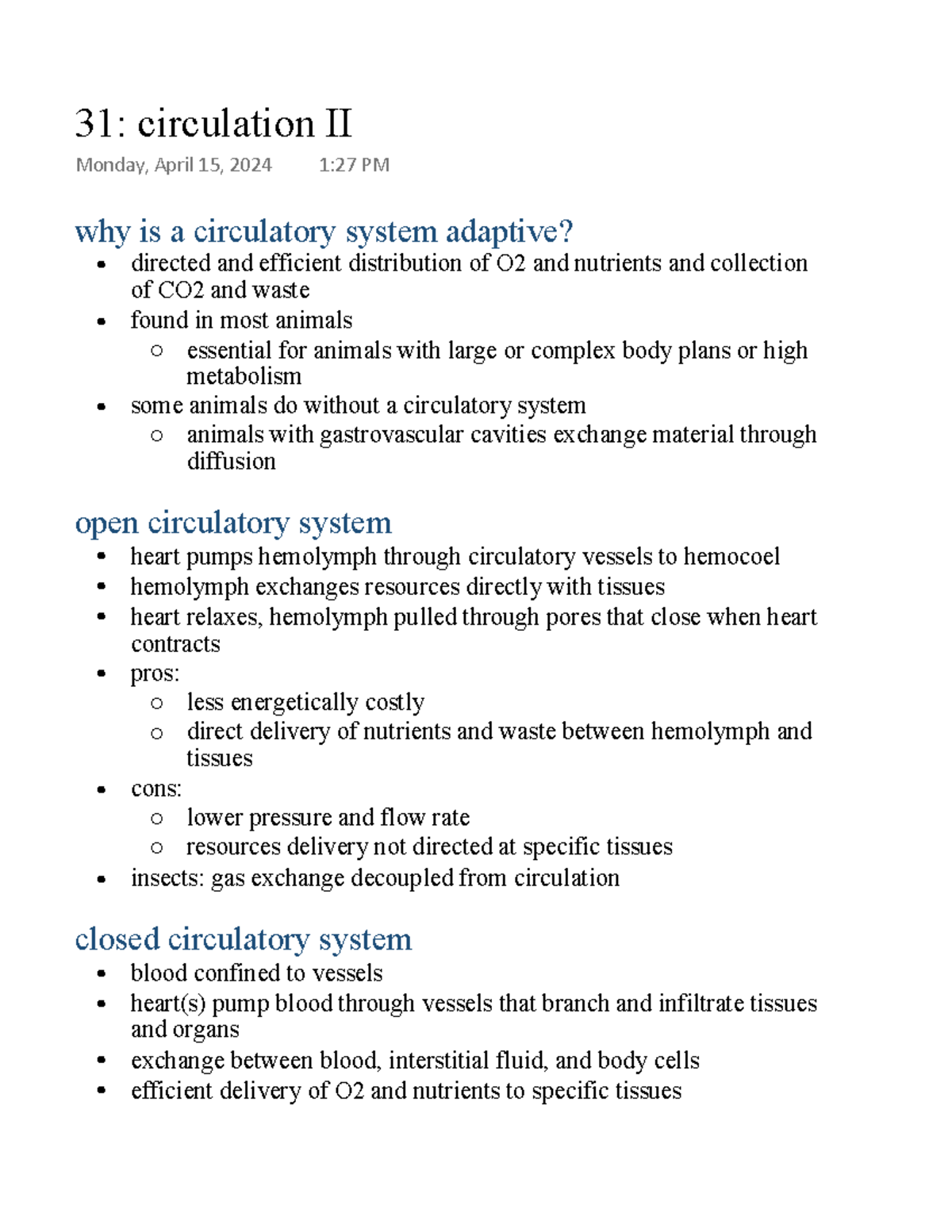 UVA BIOL 2200 Lesson 31 - Circulation I - why is a circulatory system ...