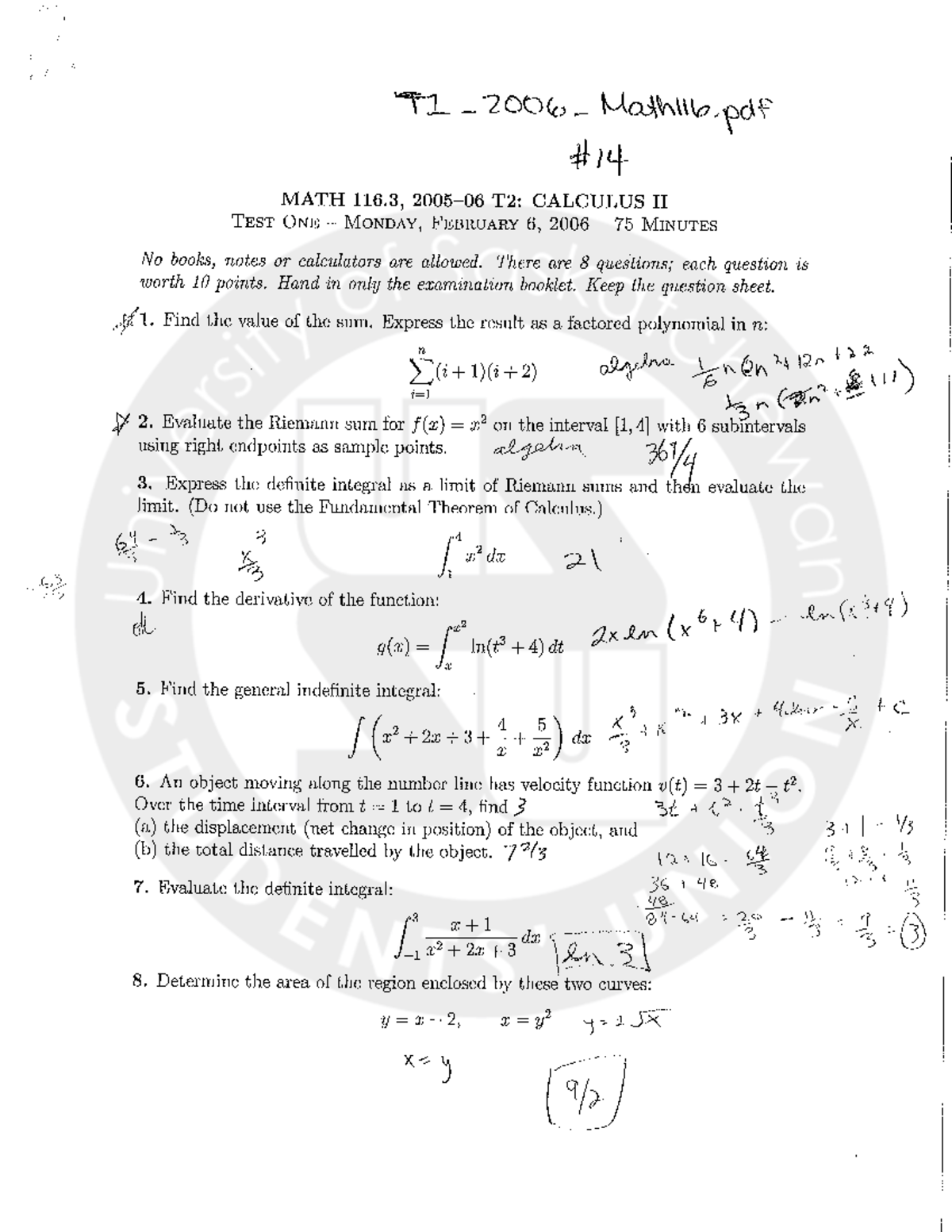 Exam 2006, Questions And Answers - ,_ Monument: MATH 116, T2: CALCULUS ...