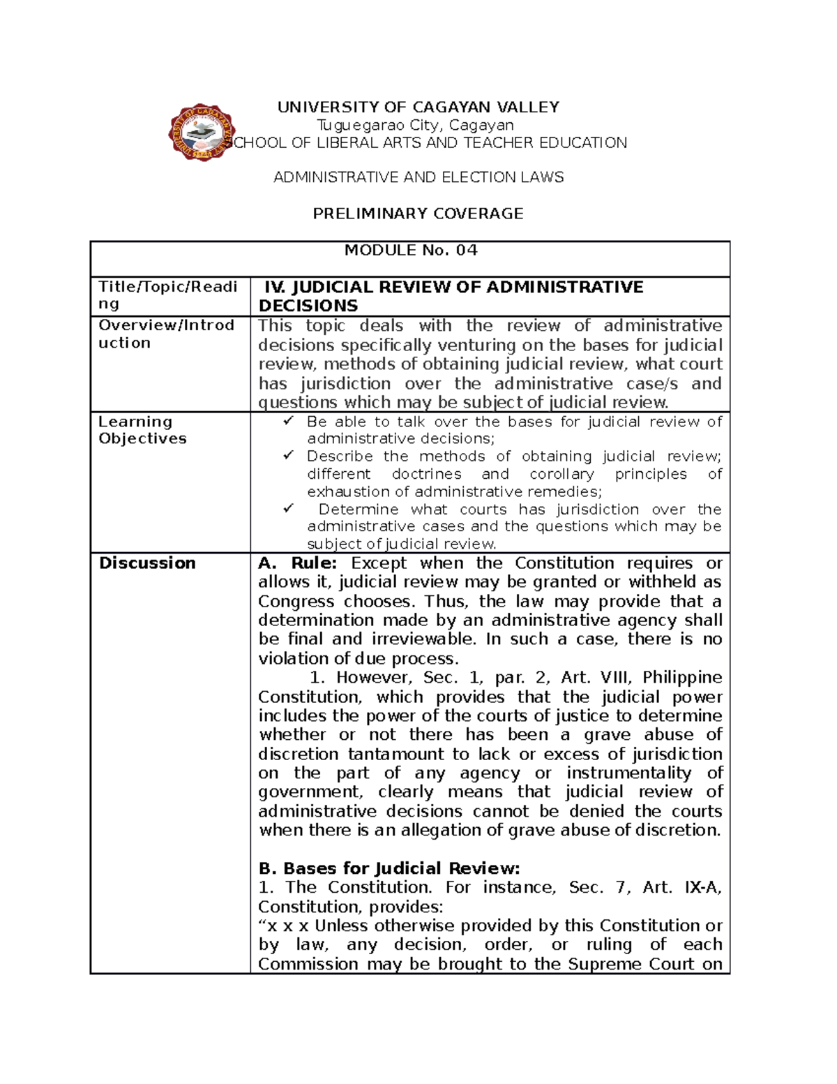 Module 04 Admin Code Prelim - UNIVERSITY OF CAGAYAN VALLEY Tuguegarao ...