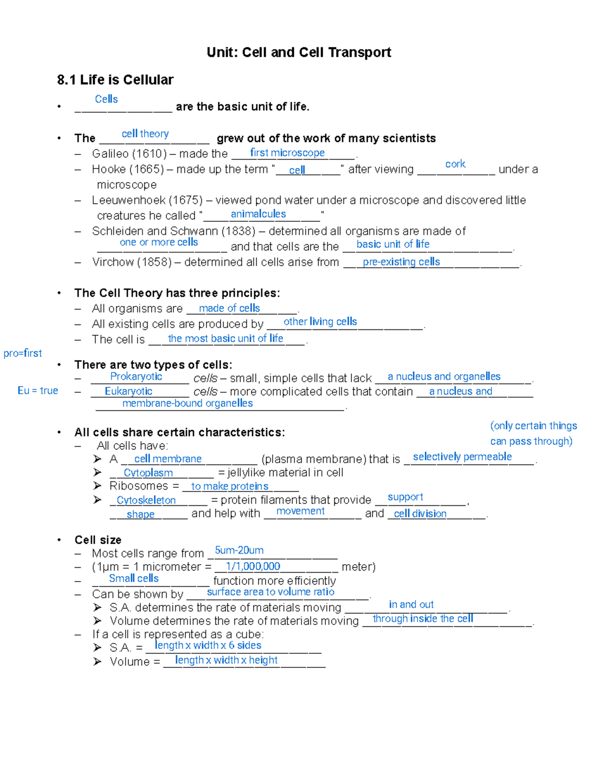 Bio chap 8 notes ; cells - Unit: Cell and Cell Transport 8 Life is ...