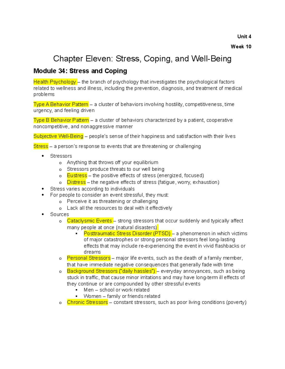 Chapter 11 Notes - Stress, Coping, and Well-being - Unit 4 Week 10 ...