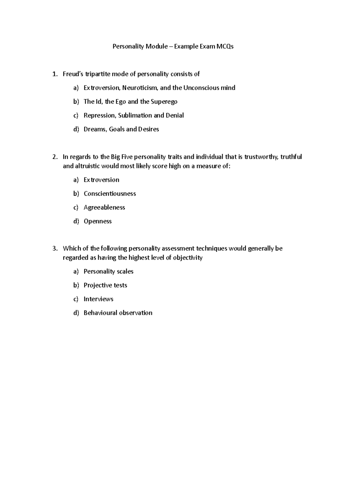 Personality Module MCQs - Personality Module – Example Exam MCQs Freud ...