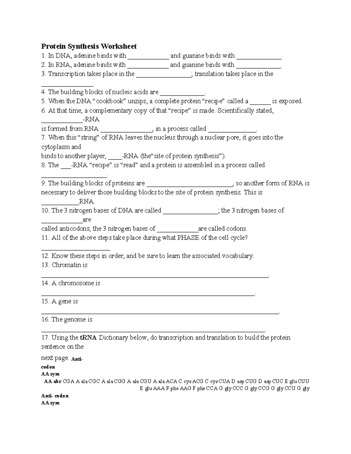 Copy of protein-synthesis-puzzle - Protein Synthesis Worksheet 1. In ...