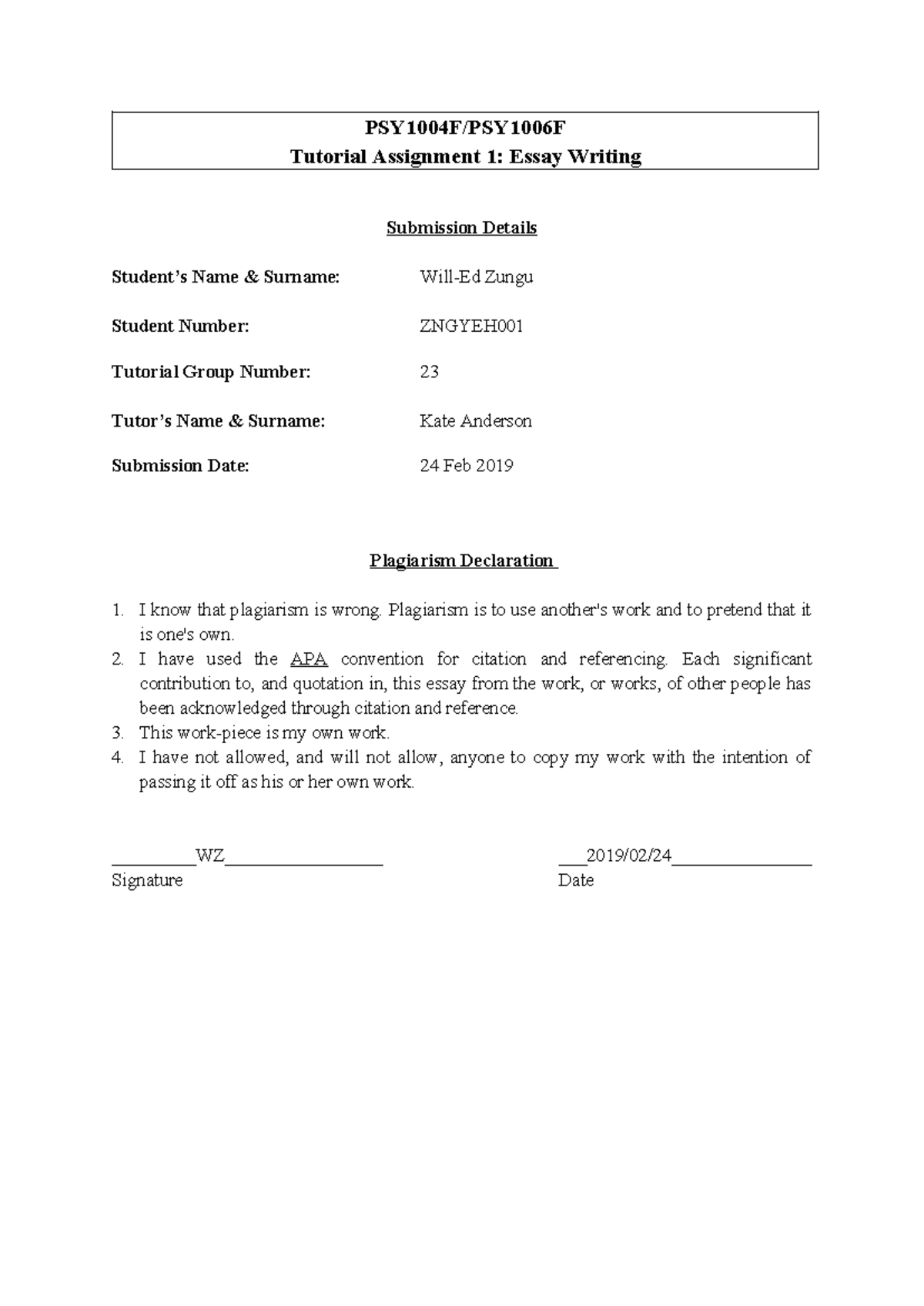 PSY1004F-Tutorial Assignment 1 2019 Studentnumber - PSY1004F/PSY1006F ...