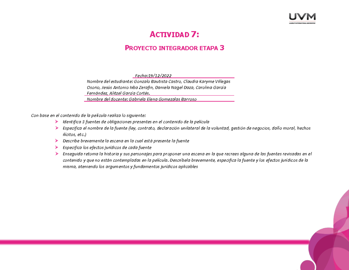 A8 Eq7 - actividad 8 derecho mercantil - ACTIVIDAD 7: PROYECTO INTEGRADOR ETAPA 3 Fecha:19/12 ...