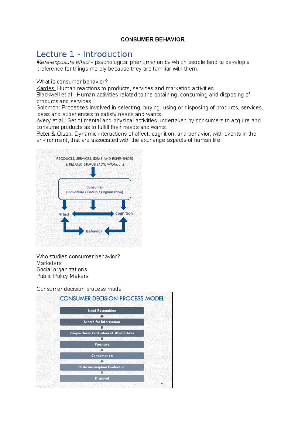 Consumer Behavior - CONSUMER BEHAVIOR Lecture 1 - Introduction Mere-exposure effect ...