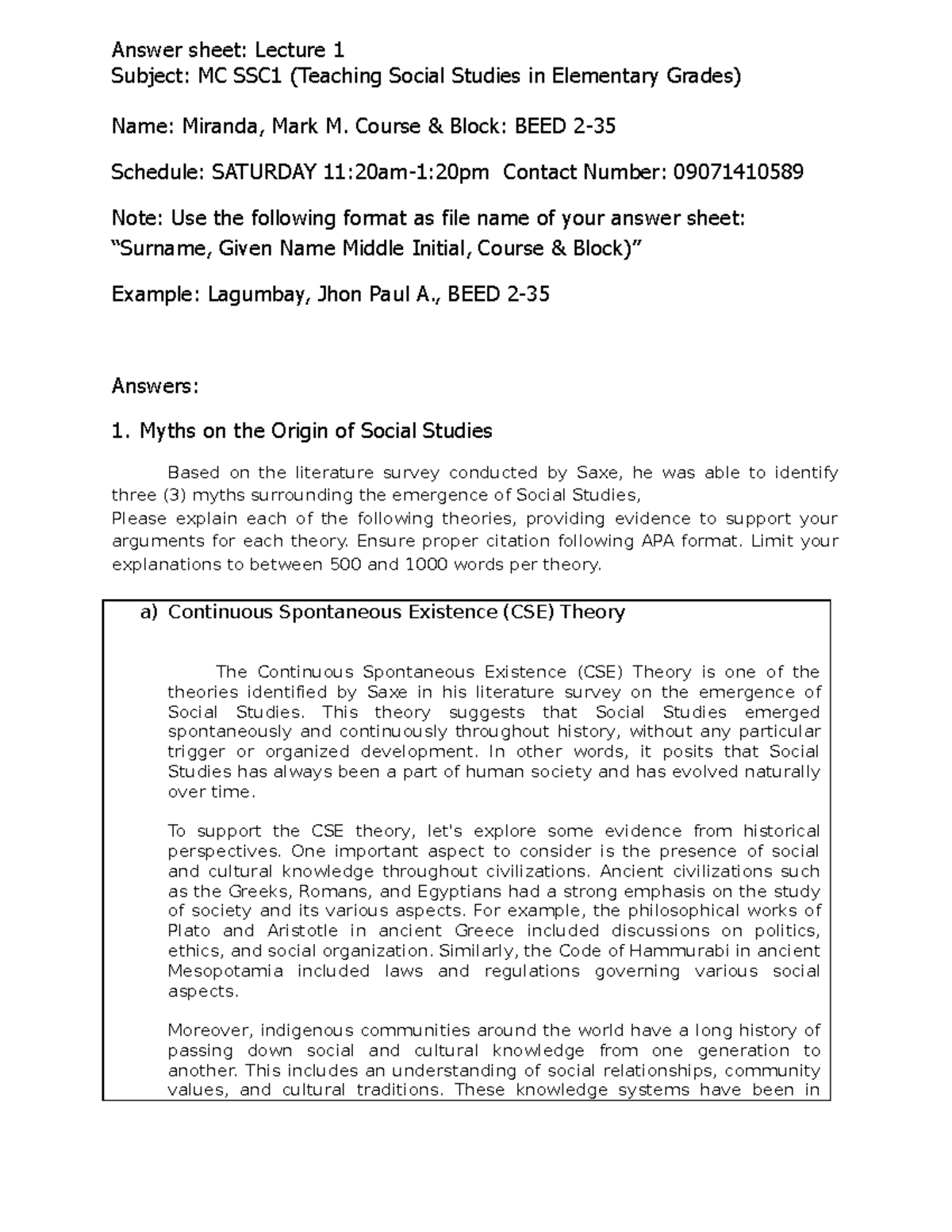 Social Studies Assignment - Subject: MC SSC1 (Teaching Social Studies ...