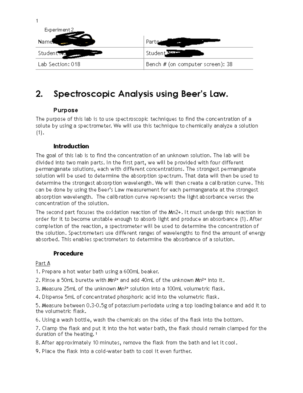 Spectroscopic Analysis using Beers Law Lab copy - Experiment 2 2 ...