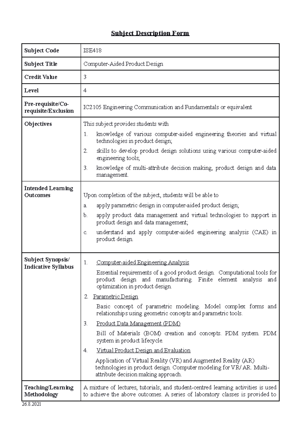 ISE418 - other - Subject Description Form Subject Code ISE Subject ...