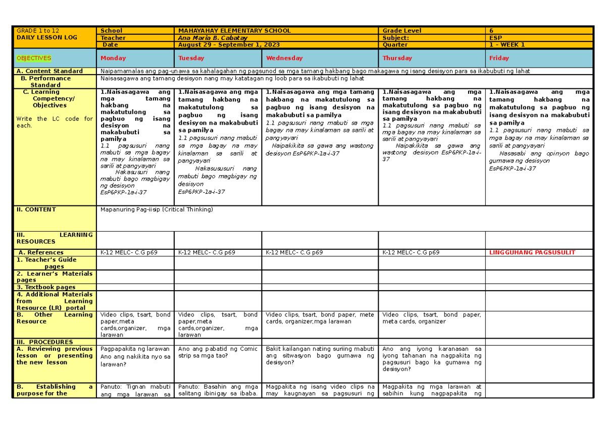 DLL ESP-6 Q1 W1 - DLL - GRADE 1 to 12 DAILY LESSON LOG School MAHAYAHAY ELEMENTARY SCHOOL Grade ...