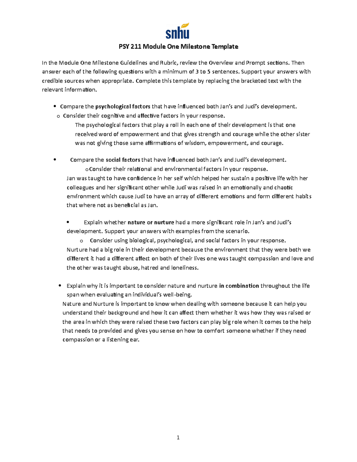 PSY 211 Module One Milestone Template copy - Then answer each of the ...