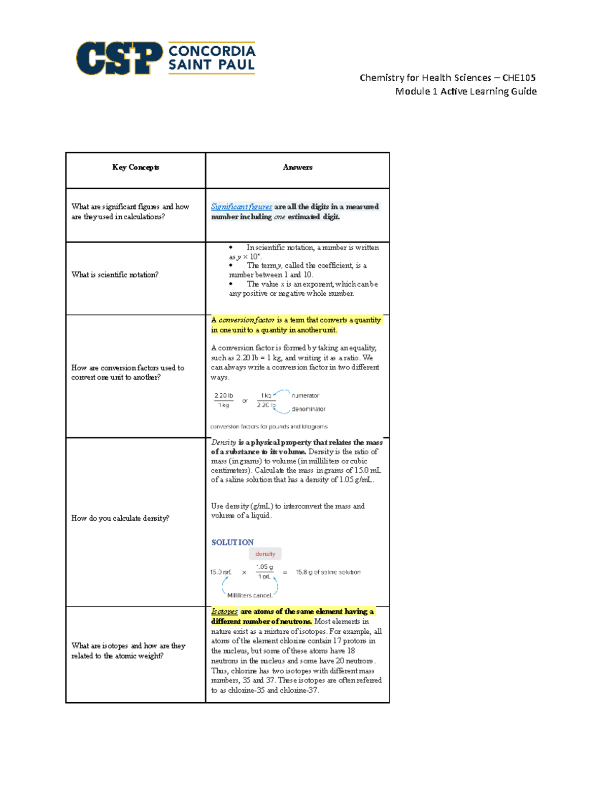M1 Active Learning Guide exam 1 - Chemistry for Health Sciences – CHE ...