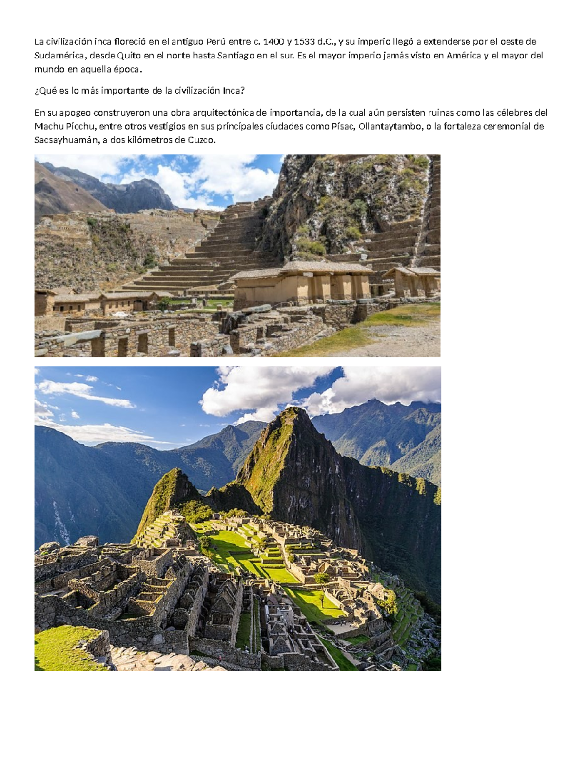 La civilización inca floreció en el antiguo Perú entre c - 1400 y 1533 ...