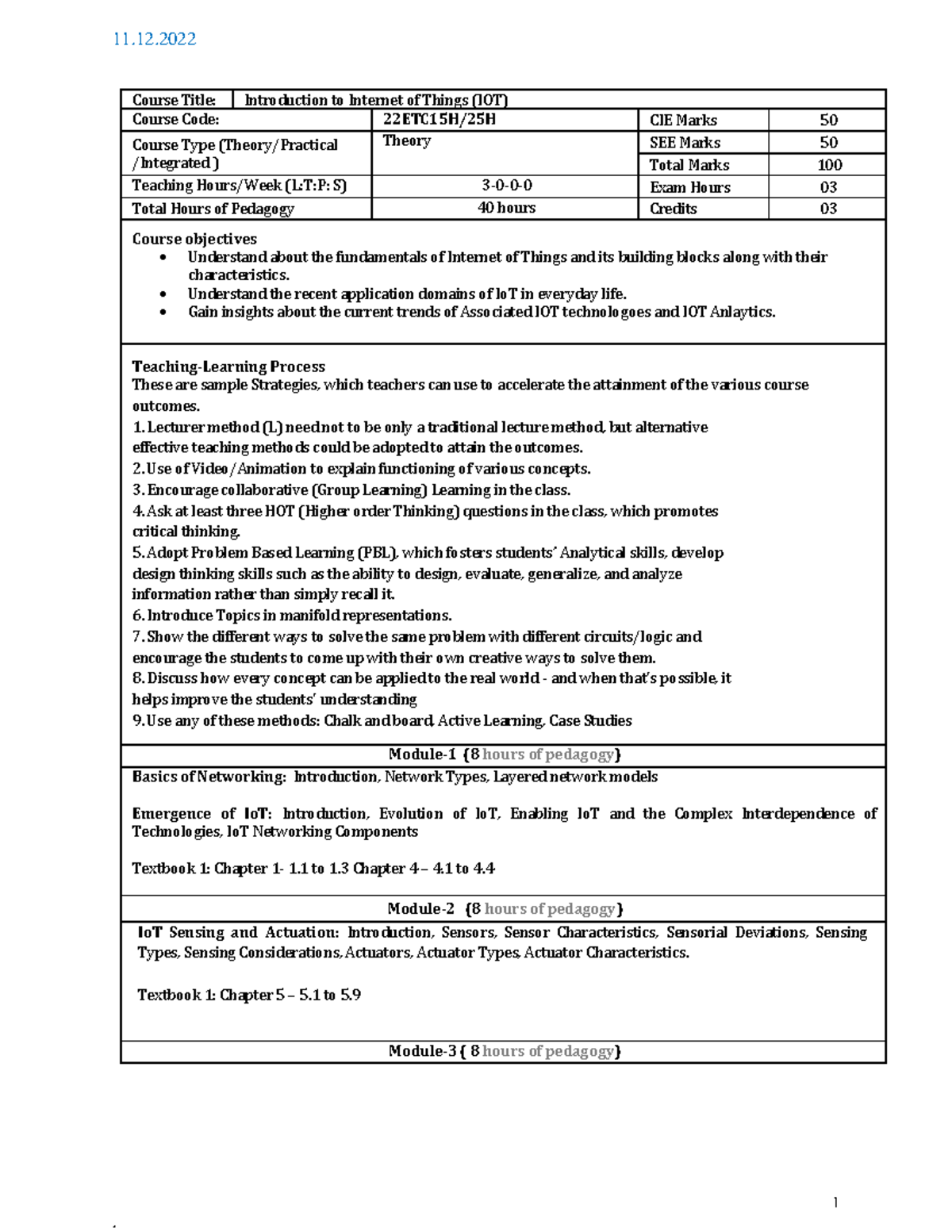22ETC15h syllabus - year one - 1 Course Title: Introduction to Internet ...