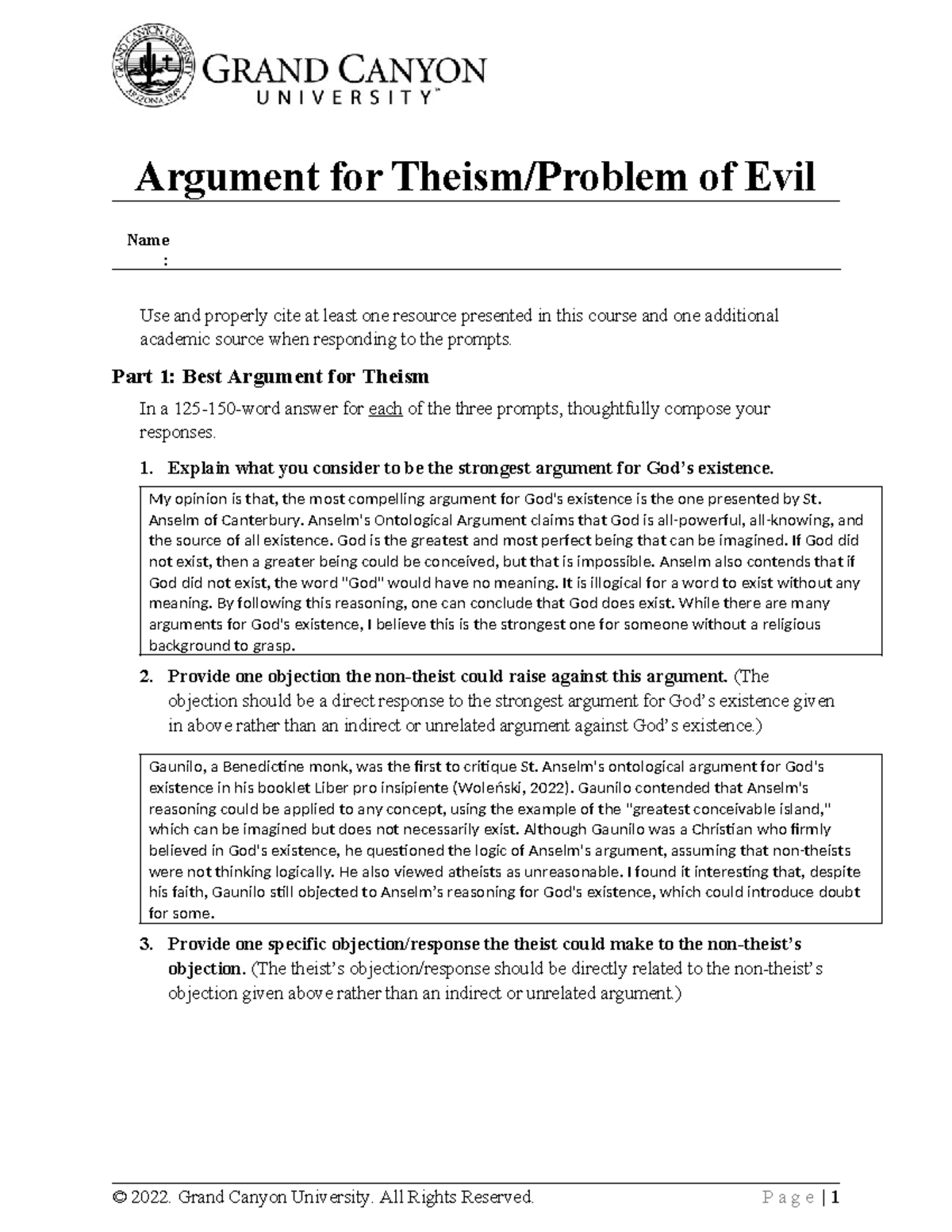 PHI 103 RS T3Argumentfor Theism Problemof Evil - Argument for Theism/Problem of Evil Name : Use ...