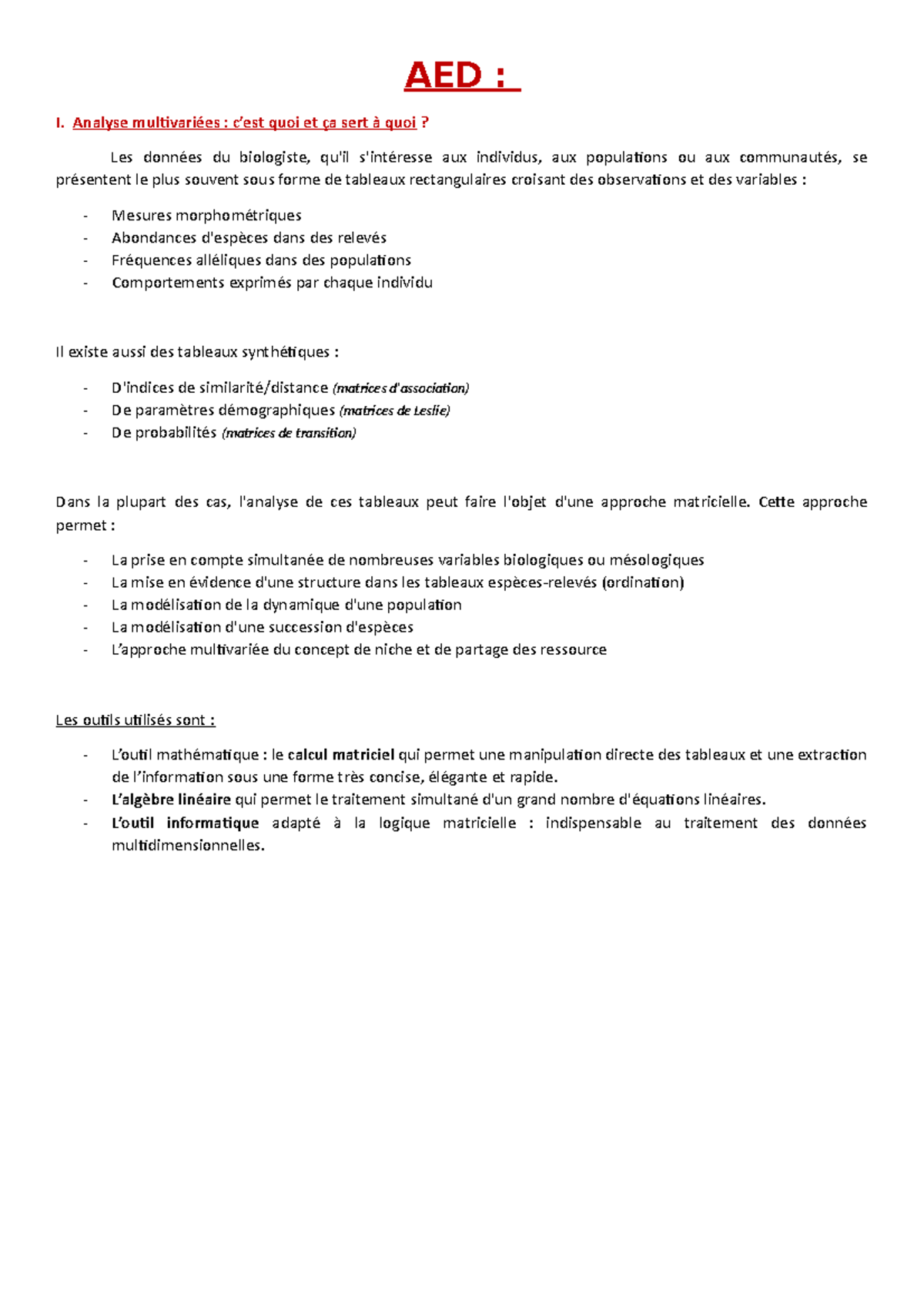 Aed Cours Aed I Analyse Multivariées Cest Quoi Et ça Sert à