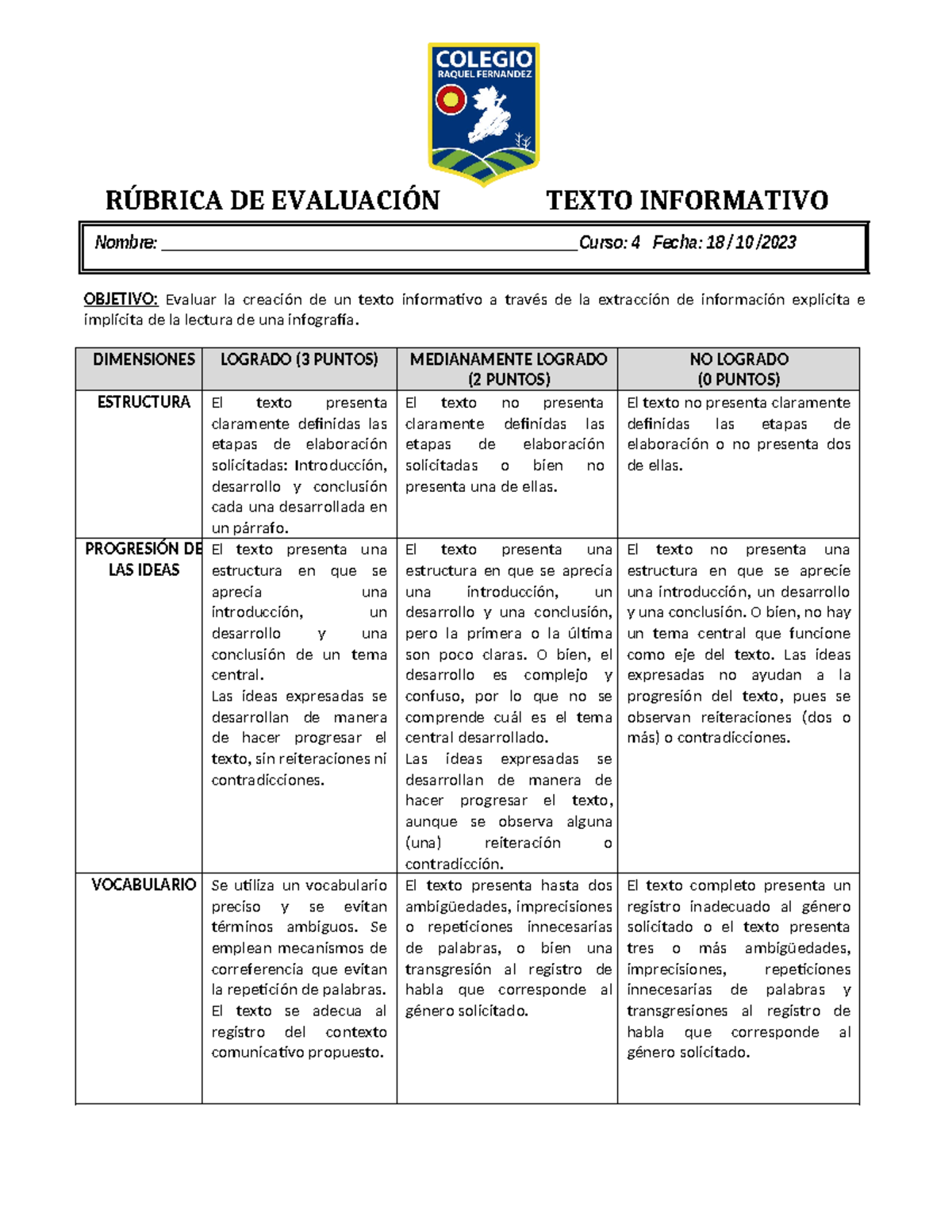 RUBRICA DE TEXTOS EXPOSITIVOS AÑO 2024 - RÚBRICA DE EVALUACIÓN TEXTO ...