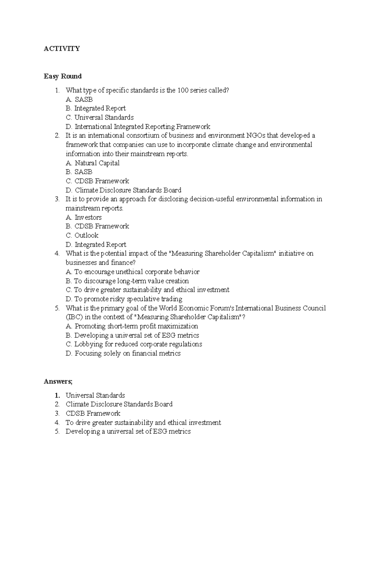 Activity for Sustainability - ACTIVITY Easy Round 1. What type of ...