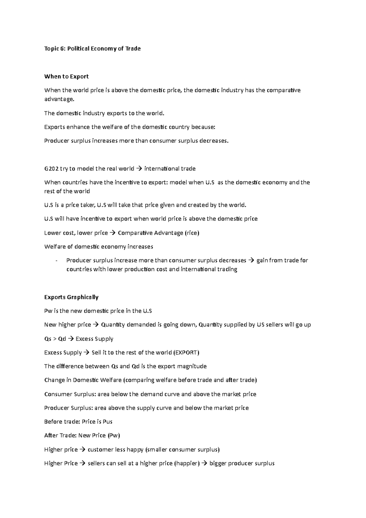 G202 Topic 6 Notes - Topic 6: Political Economy of Trade When to Export ...