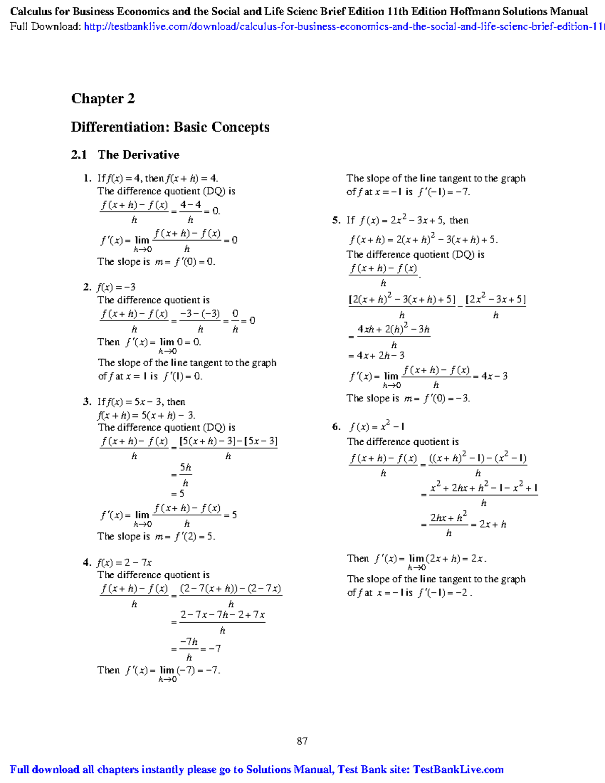 Pdfcoffee - calculus1 practice - 87 Chapter 2 Differentiation: Basic Concepts 2 The Derivative ...