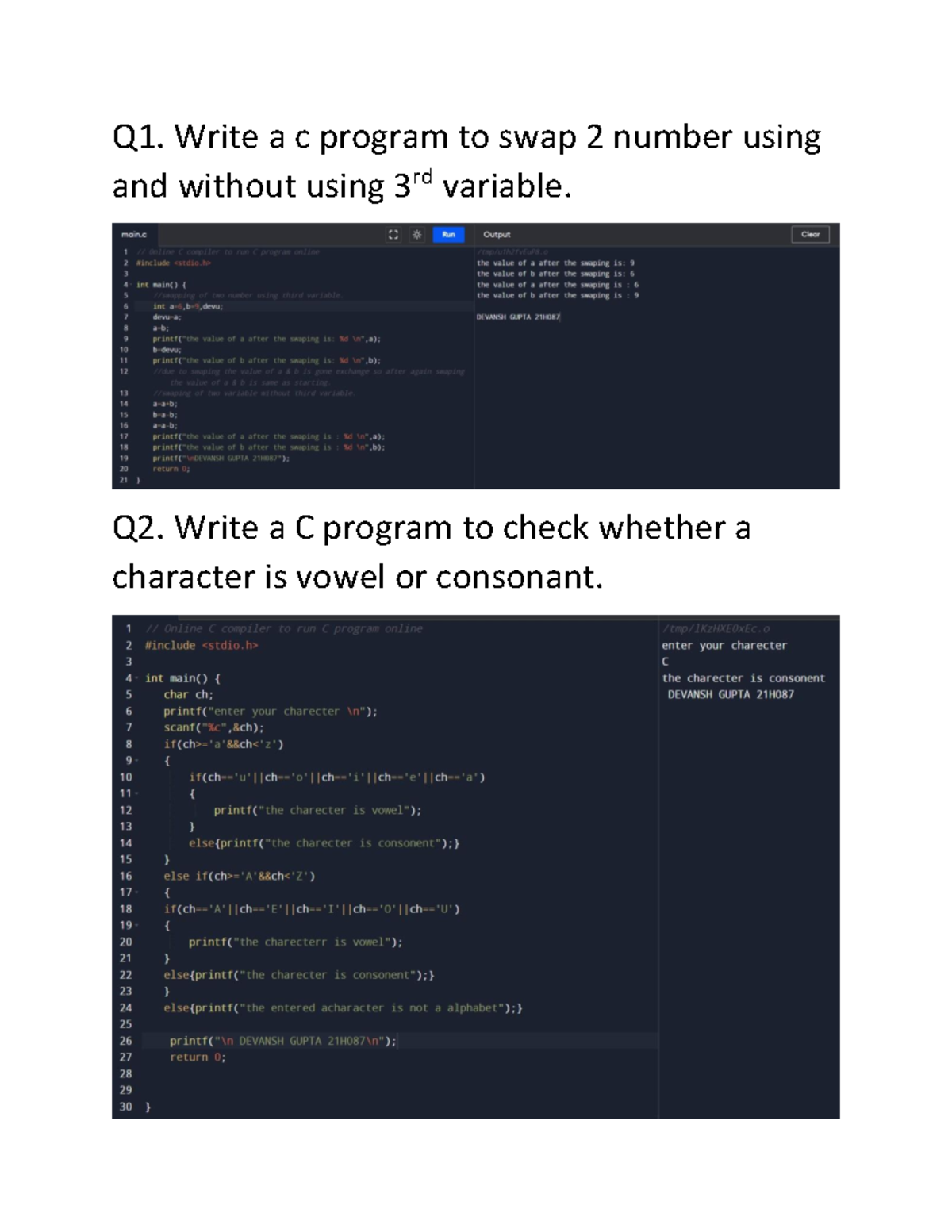 Devansh Gupta 21H087 211113242 CP LAB 3 - Q1. Write a c program to swap ...