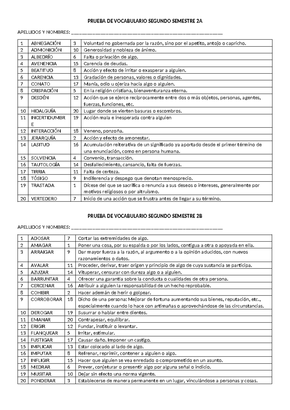 Prueba DE Vocabulario 2A - PRUEBA DE VOCABULARIO SEGUNDO SEMESTRE 2A ...