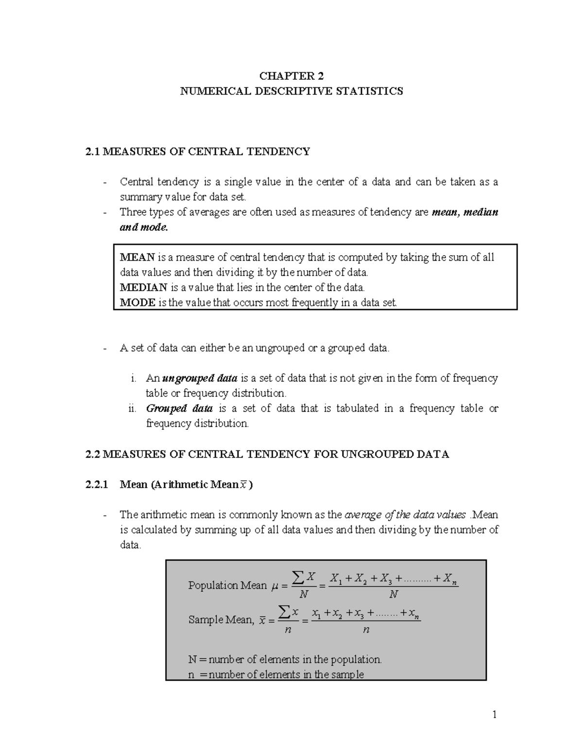 QMT181 (CHAP.2 - Numerical Method) - CHAPTER 2 NUMERICAL DESCRIPTIVE STATISTICS 2 MEASURES OF ...