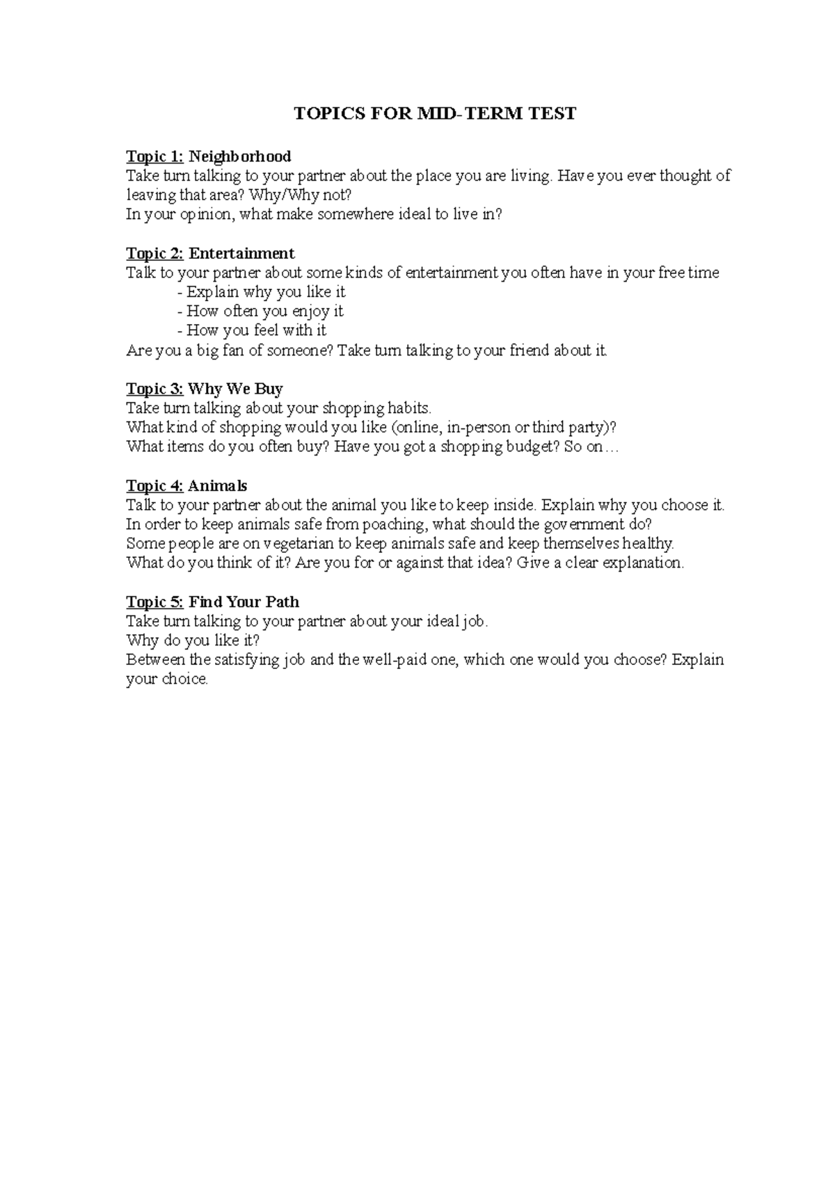 Topics for Mid-term test - TOPICS FOR MID-TERM TEST Topic 1 ...