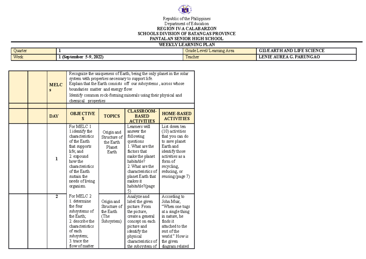 Weekly- Learning-PLAN - Republic of the Philippines Department of ...
