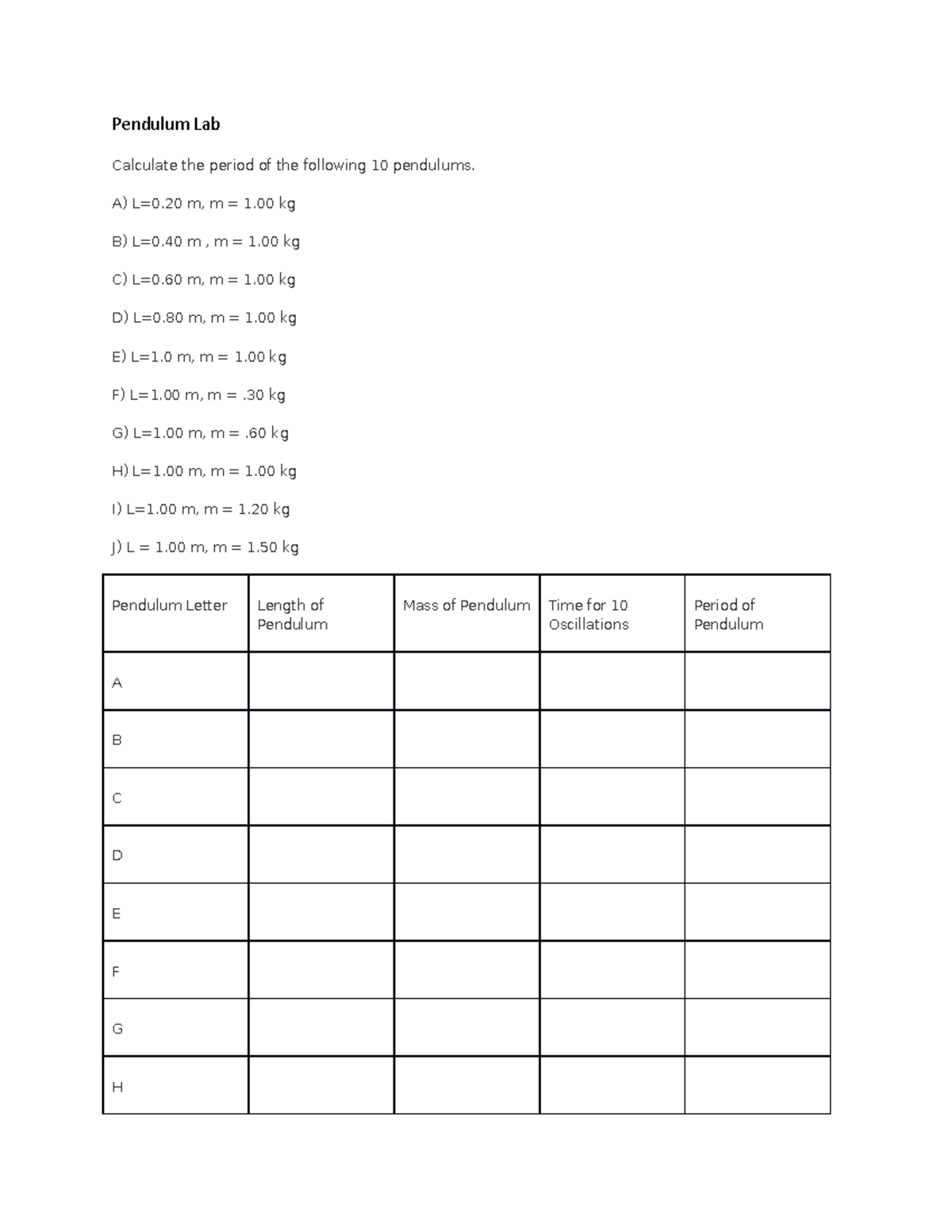Phet Pendulum Lab directions and analysis 6 - Pendulum Lab Calculate ...