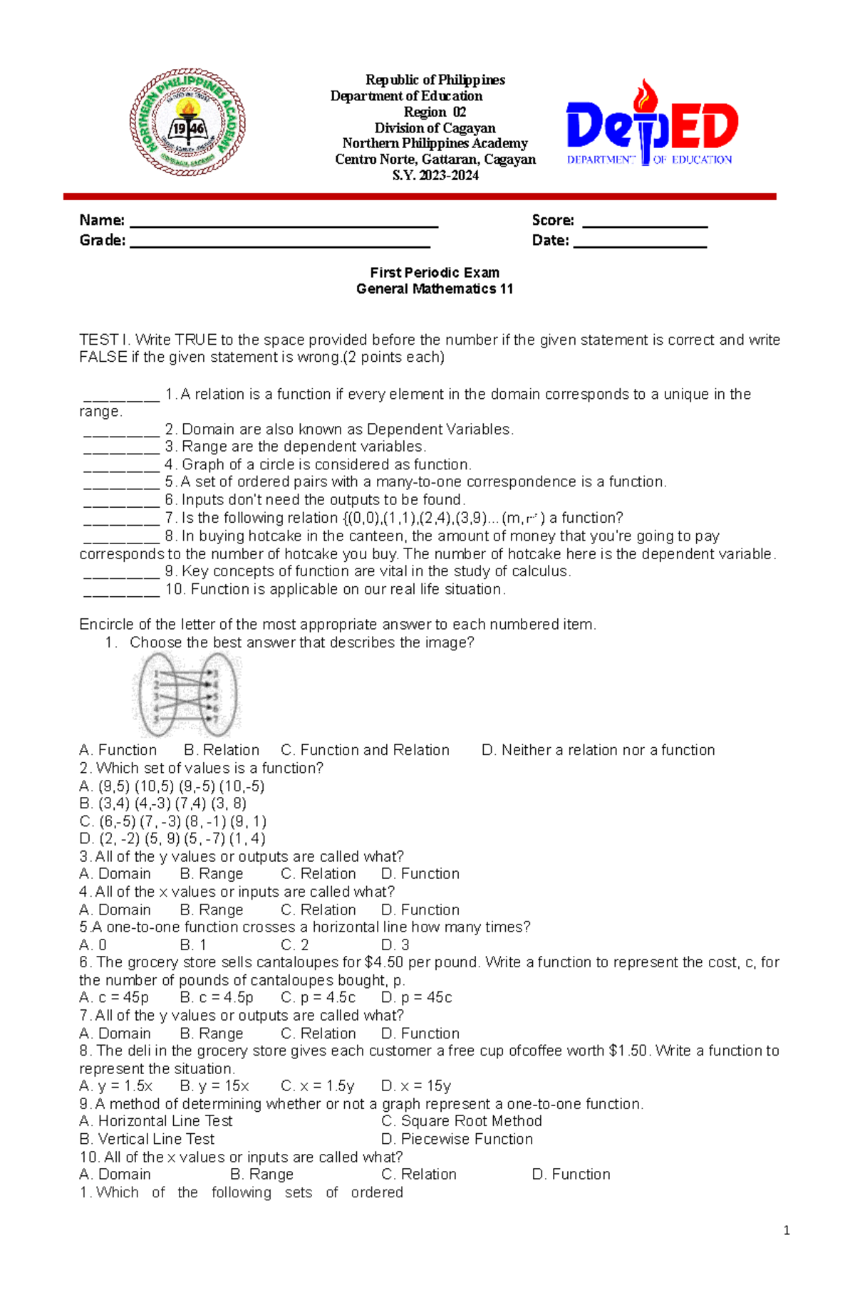 1st Periodic Exam - Gen Math 11 - Republic of Philippines Department of ...