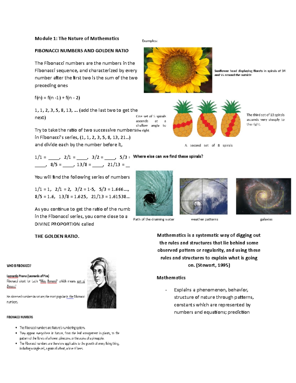 Notes - Math - Module 1: The Nature of Mathematics FIBONACCI NUMBERS ...